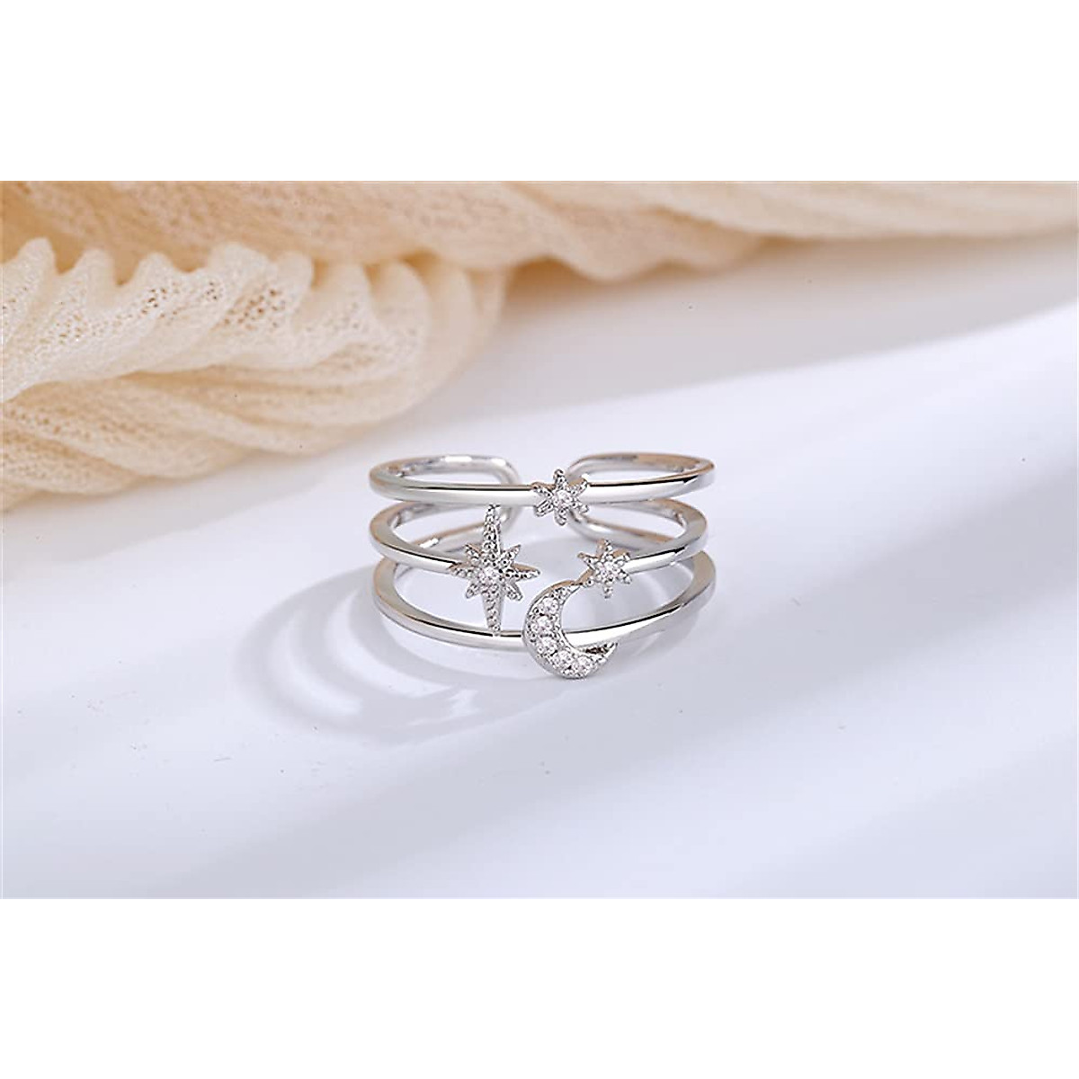 CZ Crescent Moon Star Multi Layered Small Open Rings for Women Girls Shiny Cubic Zirconia Stacking Statement Promise Finger Knuckle Pinky Rings for Wife Girlfriend Anniversary Bff Birthday Xmas