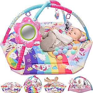 BATTOP Baby Activity Gym Play Mat,Tummy Time Mat Baby Gym with Sensory Rattle Toys&Tummy Time Pillow,for Sensory Motor Skill Development,Newborn Shower Gift