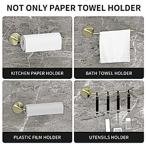 TONLEA Paper Towel Rack, Under Cabinet Paper Towel Holder, 3M Self-Adhesive or Drilling Kitchen Paper Towels Holder, Wall Mount Paper Towel Holders for Kitchen, Pantry, Sink, Bathroom Gold