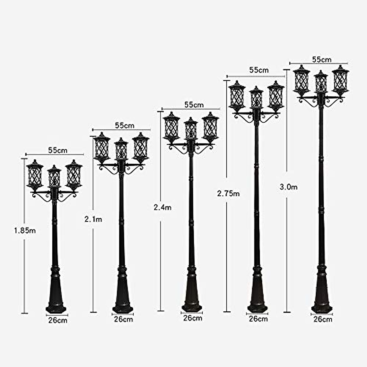 ZZYJYALG 3-Heads Garage Landscape Street Light Outdoor Waterproof Courtyard Garden Pillar Lamp European Villa Home Retro Glass Post Lantern Aluminum High Pole Light (Color : Black, Size : H-1.85m)