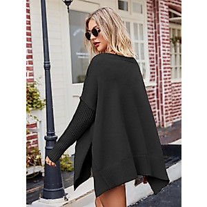 hathne Oversized V Neck Sweater for Women Casual Long Sleeve Side Split Hem Pullover Top 2024 Knit Tunic Jumper(M,Black)