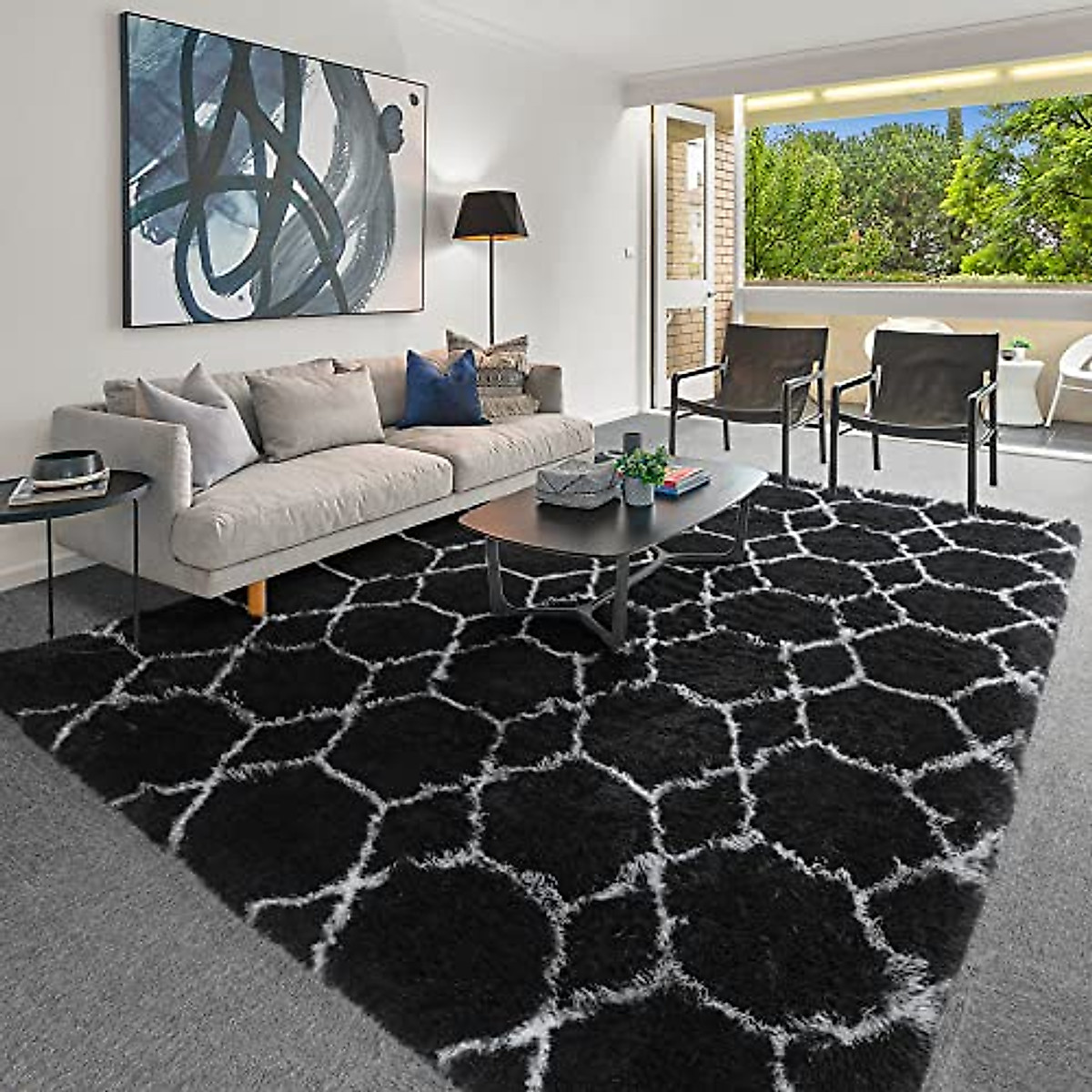 BSTLUV Soft Fuzzy Rugs for Living Room,Bedroom,6x9 Rug,Big Shag Furry Carpet,Black and White Rug,Fluffy Plush Area Rug,Large Cool Modern Rugs for Apartment,Classroom,Home Office,Men,Boys Room Decor