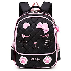 MCWTH Cat Face School Backpack for Teen Girls, Cute Kids Elementar BookBag Daypack (Black)