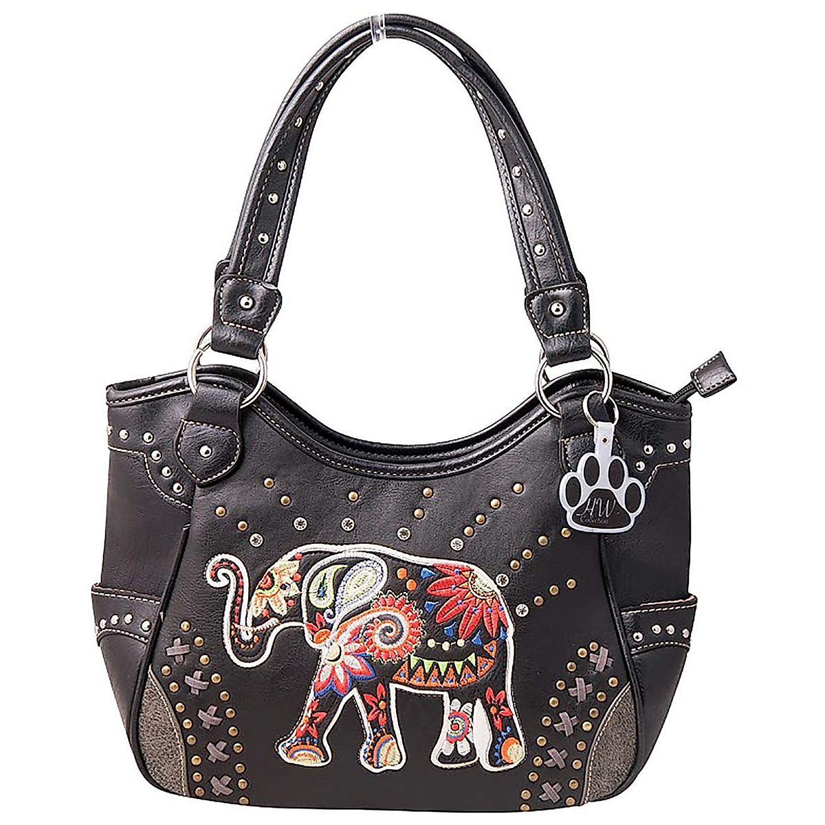 HW Collection Large Elephant Purse Women Embroidered Western Handbag and Wallet Set (Black)