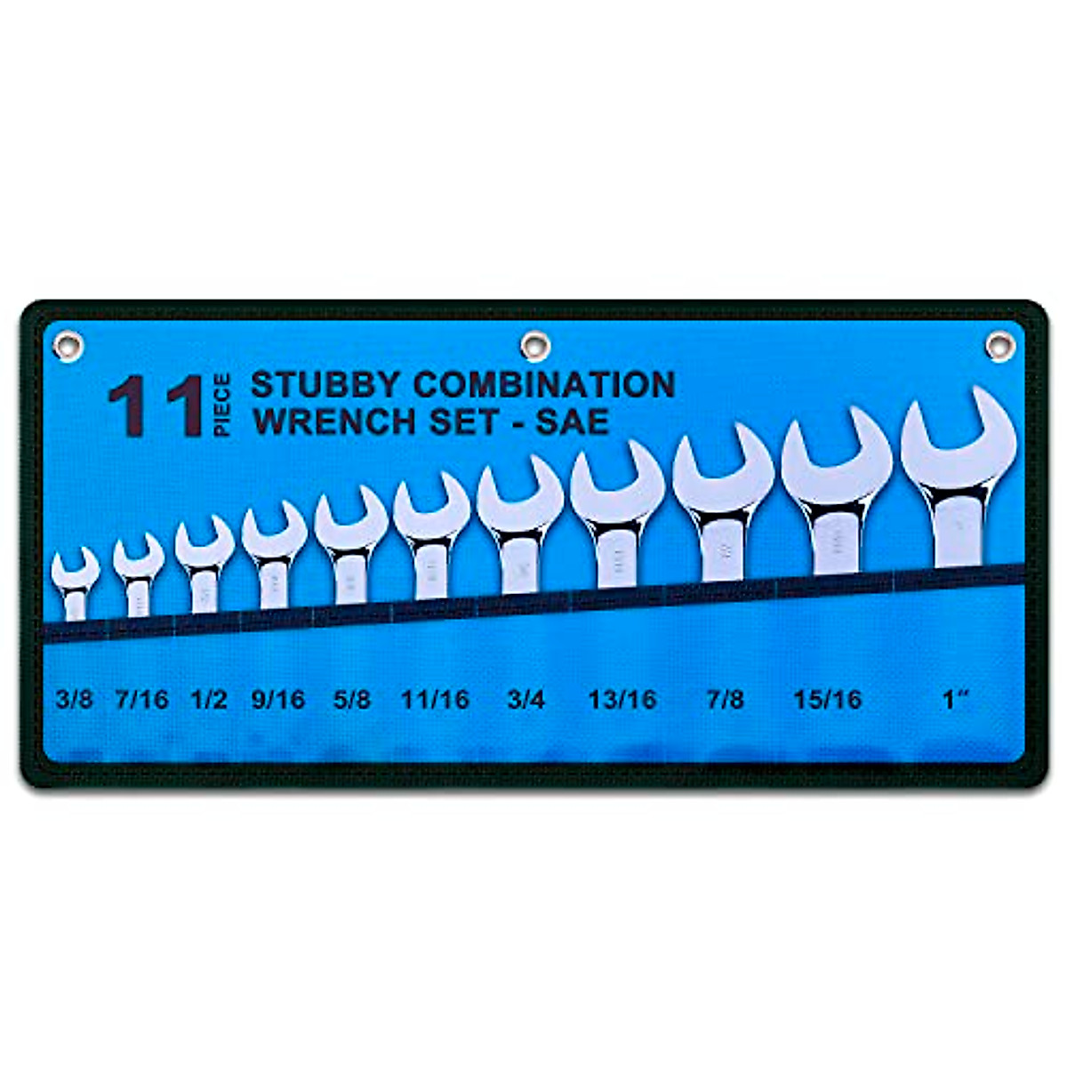 Premium Stubby Combination Wrench Set with Roll-up Pouch, 11-Piece, SAE, 3/8” to 1”, No Skipped Inch Size | Cr-V Steel, Mirror Polished Finish | Short Length and Slim Body, Perfect for Confined Areas