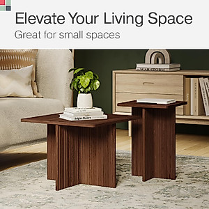 Square Fluted Nesting Coffee Table - Low Profile 2 Piece Square Coffee Table Set - Living Room Furniture - Modern Home Decor - Solid Oak Base (Walnut)