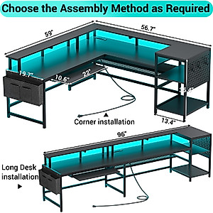 SEDETA L Shaped Gaming Desk, Reversible Computer Desk, Gaming Desk with Power Outlets & LED Strip, Monitor Shelf, Keyboard Tray, Pegboard and Storage Shelves for Home Office, Black