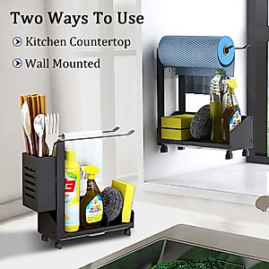 Sink Caddy,Kitchen Sink Organizer with Drain Pan Tray and Rotating Towel Holder,Countertop Sponge Holder for Scrubber Brush Dish Rag Dishcloth Washcloth Soap,Stainless Steel Rust Proof-Black