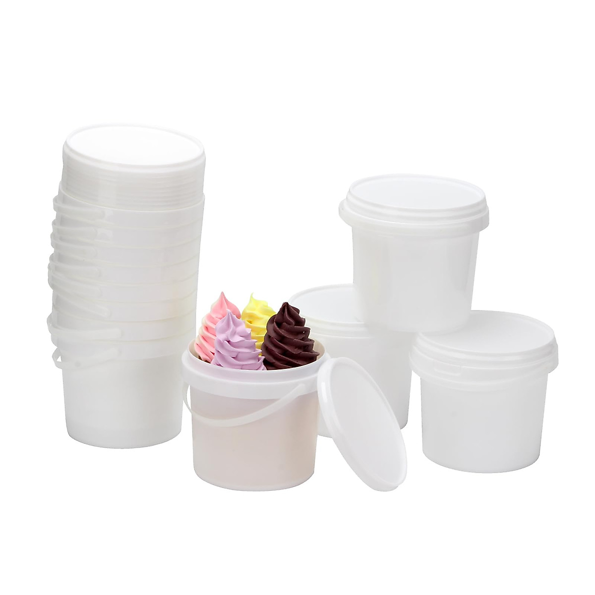 DIICCYO 2L Ice Cream Buckets with Lids and Handles, 67 Oz Round Airtight Plastic Ice Cream Tub, Deli Pail Containers Small Bucket for Food Drinks Storage Freezer Microwave, 10 Pcs