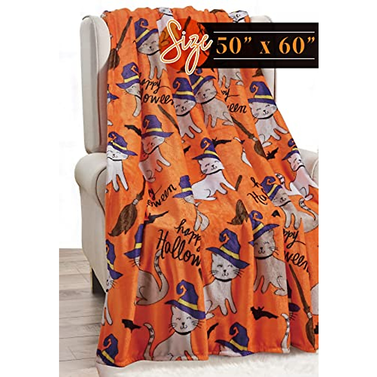 Elegant Comfort Lightweight Throw Blanket- Halloween Themed, Soft, Cozy and Plush- Throw Blankets, Perfect for Lounging This Spooky Season, 50 x 60 inches, Halloween Cats, Throw Blanket