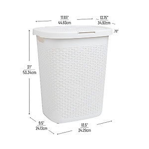 Mind Reader 50L Slim Laundry Hamper, Clothes Basket, Lid, Wicker Design, Plastic, 17.65"L x 13.75"W x 21"H, White
