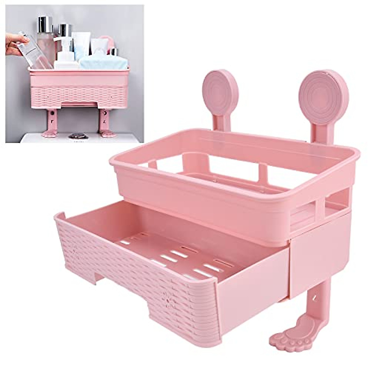 Double‑Layer Bathroom Shelf,Shower Caddy Basket Shelf Set,Toilet Tissue Box Punch Free Kitchen Bathroom Storage Rack,Wall Mounted Holder for Bathroom Shower Kitchen(Pink)