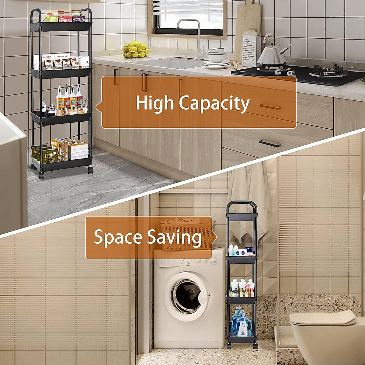 WASJOYE 4-Tier Plastic Rolling Utility Cart with Handle, Black Home Kitchen Office Storage Trolley Cart with Wheels (14 * 8.9 * 45.3 Inch)