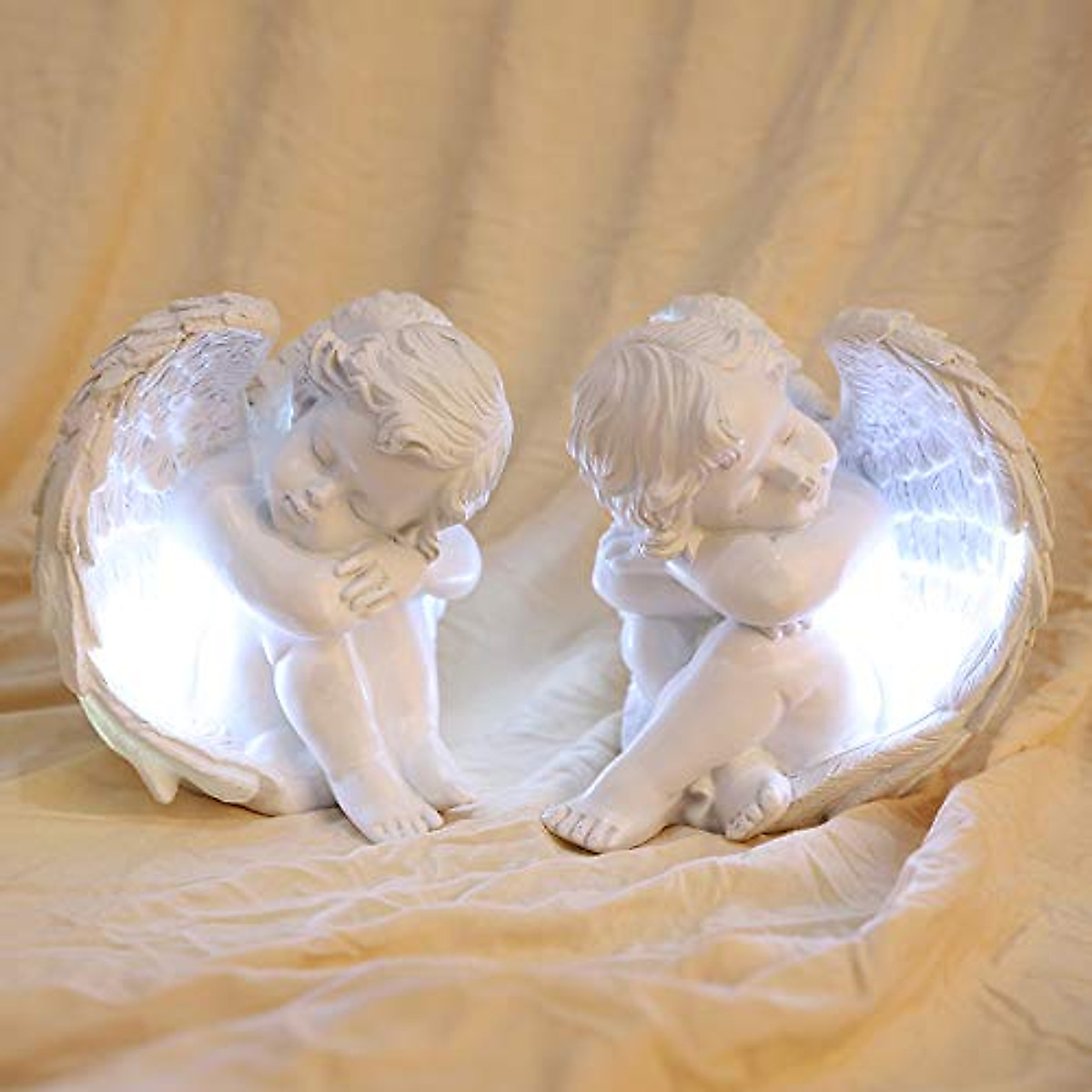 JUNIQUTE Sleepy Time Little Angel with Light Cupid Garden Statue Home Decor Cherub Statue Baby Sculpture Figurine Set of 2