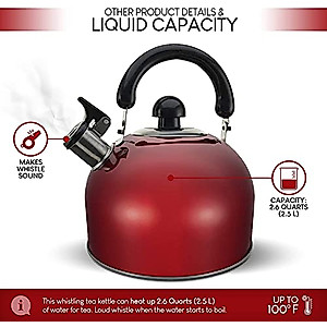ELITRA Whistling Tea Kettle - Stainless Steel Tea Pot with Stay Cool Handle - 2.6 Quart / 2.5 Liter - (RED)