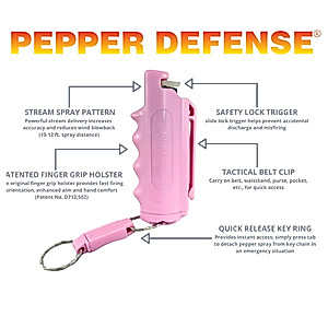 Pepper Defense 4-in-1 Stream Pepper Spray Pink - Belt Clip Holster with Quick Release Keychain - Maximum Strength Formula with 10% OC, CS, CN, Marking Dye (Pink Pepper Spray)
