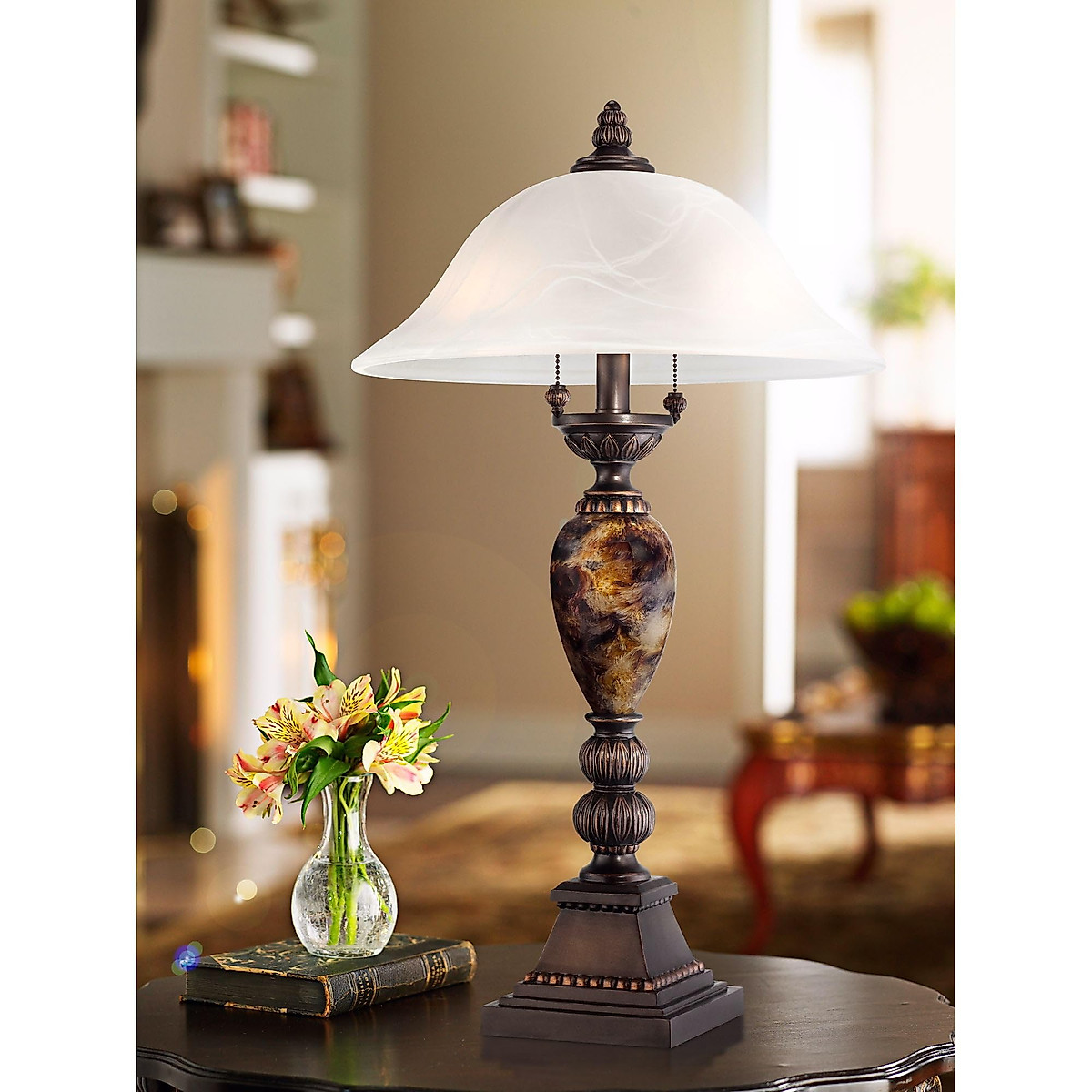 KDIOR Alabaster Traditional Table Lamp 27" Tall Aged Bronze Marble White Alabaster Glass Dome Shade for Bedroom Living Room Bedside