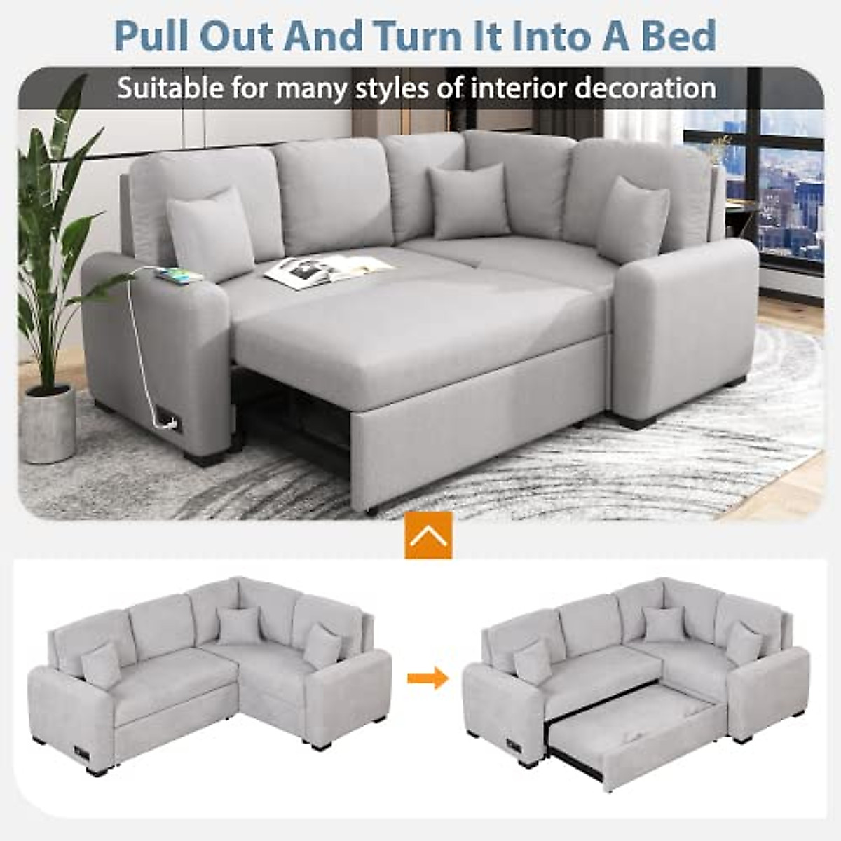 Aybihous3 76.7" Sectional Sleeper Sofa with USB Charging Port and Plug Outlet,Pull-Out Sofa Bed with 3 Pillows, L-Shape Chaise for Living Room Small Apartment (Grey)