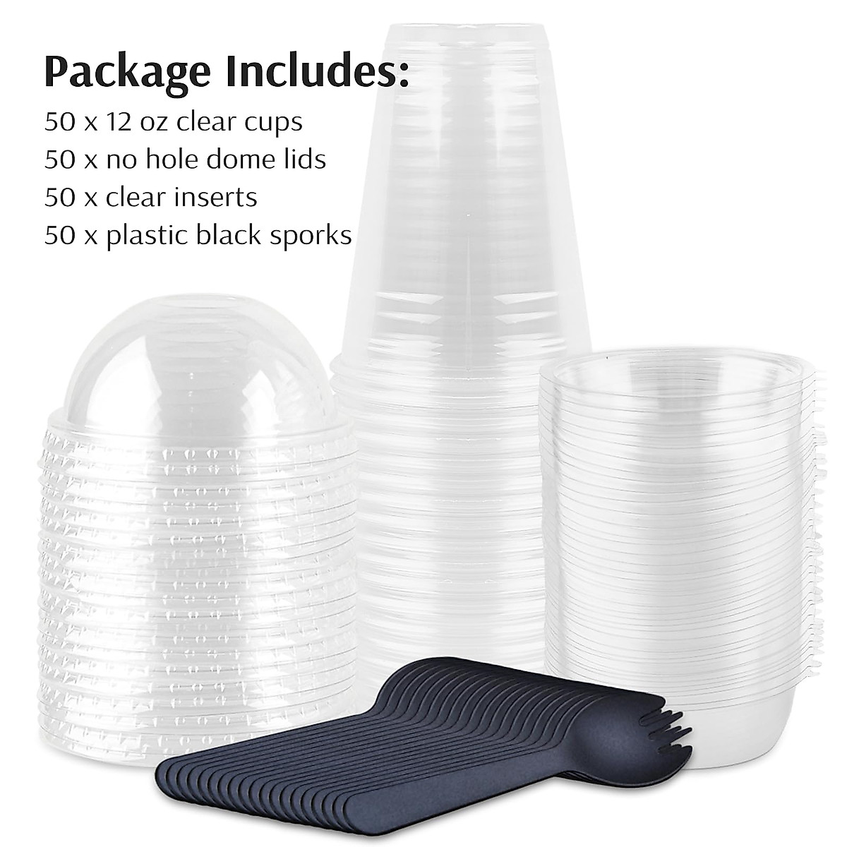 Zezzxu 12 oz Plastic Yogurt Parfait Cups with Dome Lids Inserts and Sporks, 50 Pack Disposable Parfait Conatiners On the Go for Fruit Cereal Oatmeal Dips and Veggies