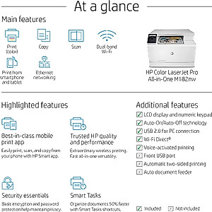 HP Color Laserjet Pro MFP M182nw All-in-One Wireless Laser Printer - Print Scan Copy - 17 ppm, 600 x 600 dpi, 256MB Memory, Photo Printing, 8.5 x 14, 2-Line LCD, Ethernet, White, Cbmou Printer Cable