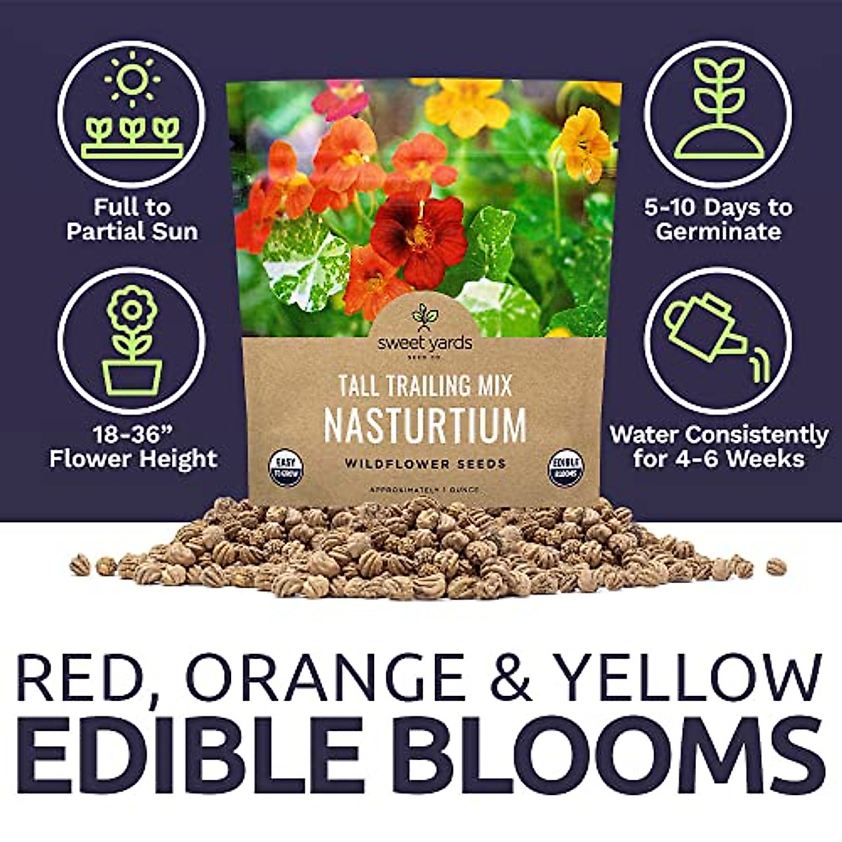 Sweet Yards Seed Co. Nasturtium Seeds – Mixed Colors – Extra Large Packet – Over 200 Open Pollinated Non-GMO Flower Seeds – Tropaeolum majus