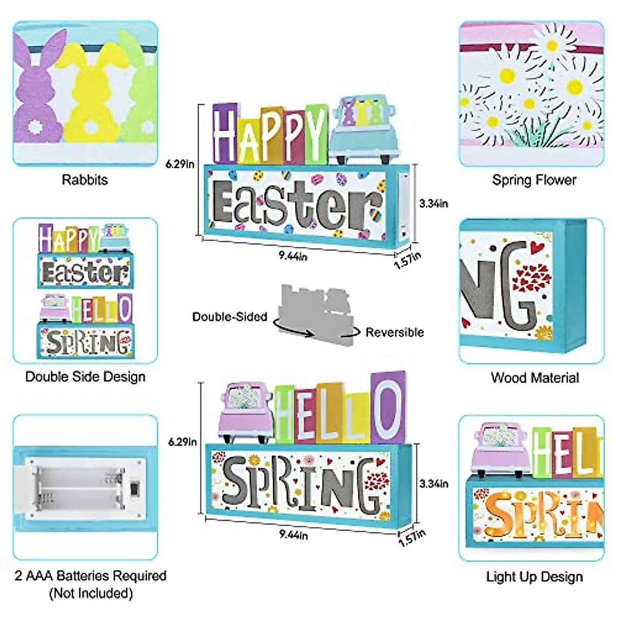 Reversible Hello Spring/Happy Easter Decorations Wooden Block Sign with Led Lights- Double Sign Spring Easter Farmhouse Home Battery Operated Light up Wooden Sign for Table Mantle Tabletop Centerpiece