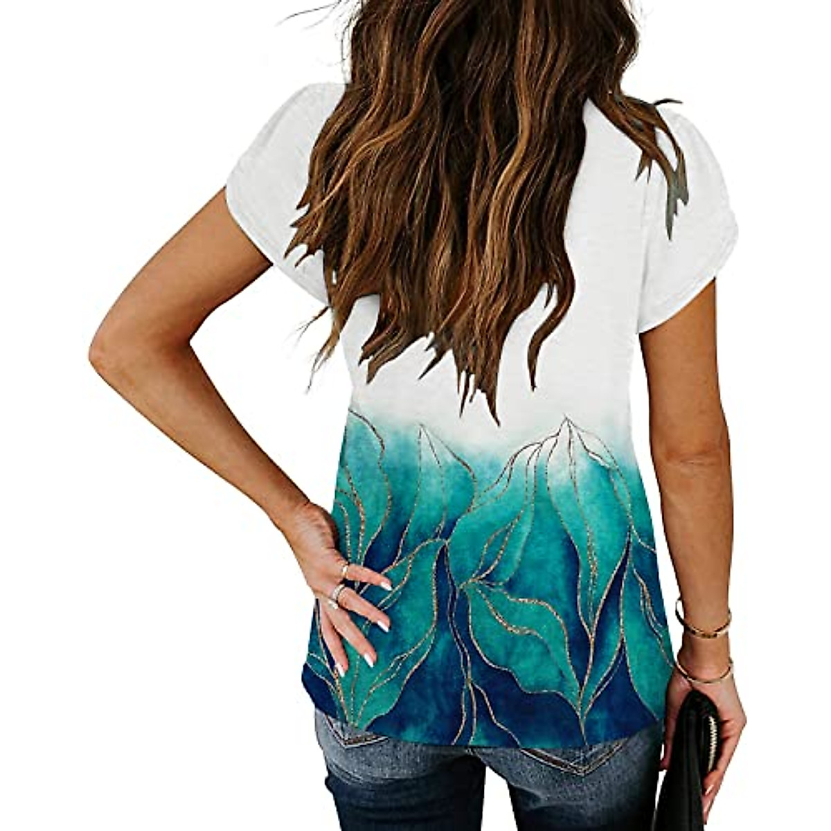Womens Basic Casual T-Shirts Ring Hole V Neck Petal Short Sleeve Tops Loose Comfy Tunic Tops