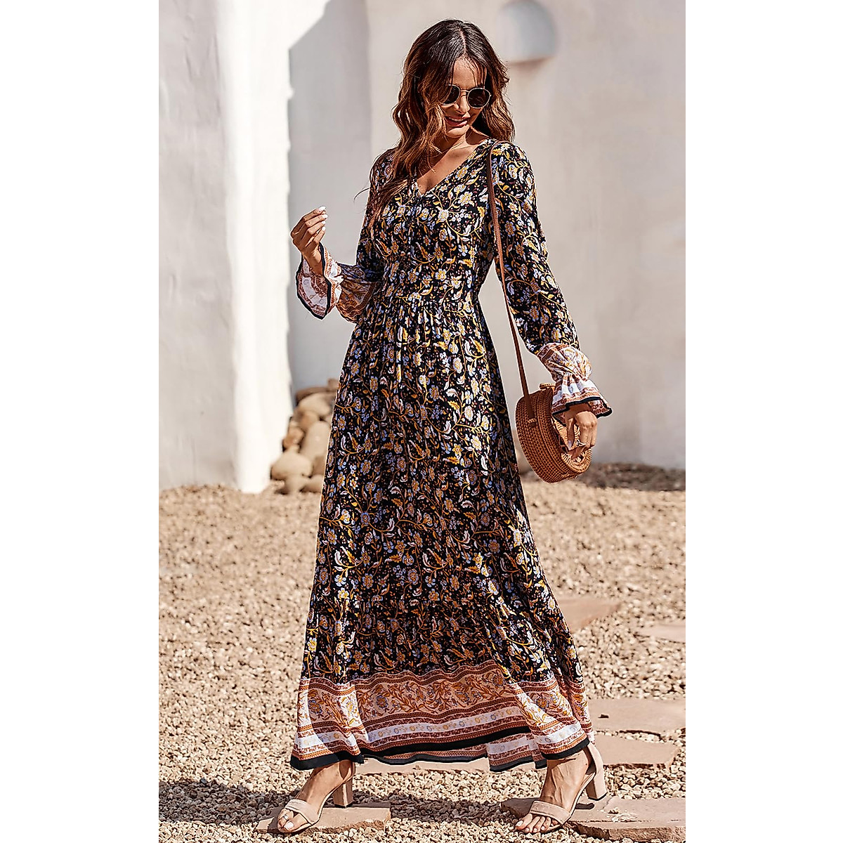 PRETTYGARDEN Maxi Long Sleeve Dress - V Neck Floral Casual Chiffon Spring Fall Long Dresses for Women (Black Yellow,Large)