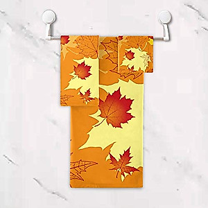 Fall Bathroom Towels Sets Fall Design Towel Set of 3, 1 Bath Towels 1 Hand Towels 1 Washcloth Soft Highly Absorbent Multipurpose for Kitchen Beach Gym Spa Decorative, Autumn Yellow Maple Leaves