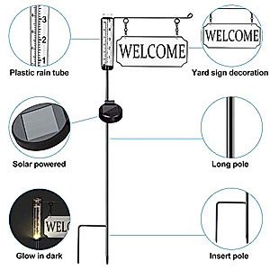 Uitpon 36" Rain Gauge Outdoor Decorative with Solar Powered Light,Metal“Welcome”Yard Sign Stakes with Plastic Rain Measure Gauge for Garden Lawn Decorations