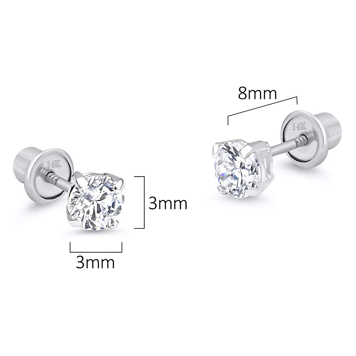 14k White Gold 3mm Basket Round Solitaire Cubic Zirconia Children Screw Back Baby Girls Earrings