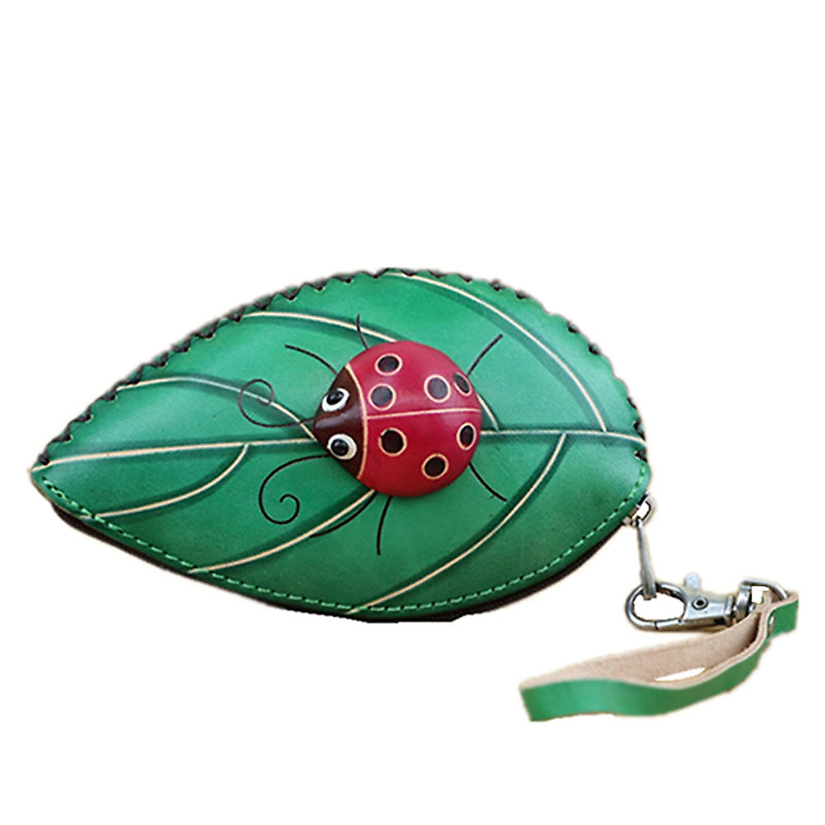 Fanyixuan Ladies Leaf Ladybug Leather Coin Purse Can Put Coin Clutch Bag Handmade Leather Creative Key Case (Green)