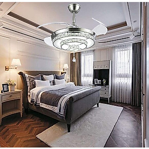 efperfect 42" Crystal Ceiling Fan with Light Retractable Blades Chrome Modern LED Chandelier Remote 3 Color Changes 3 Speeds Silent Ceiling Fans Lighting Fixture, LED Kits Included