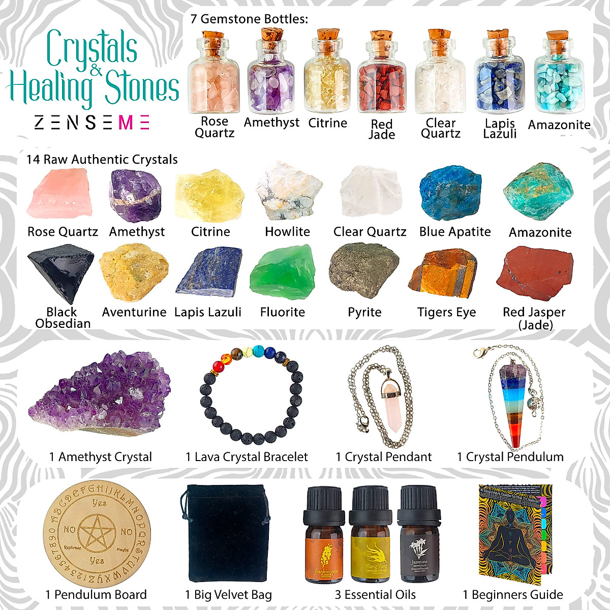Crystals and Healing Stones Set 31Pcs - Healing Crystals & Stones - 14 Real Raw Chakra Rocks, 7 Gemstones Bottles, 3 Essential Oils,Pendant Necklace, Pendulum Board, Amethyst Cluster, Bracelet & Guide