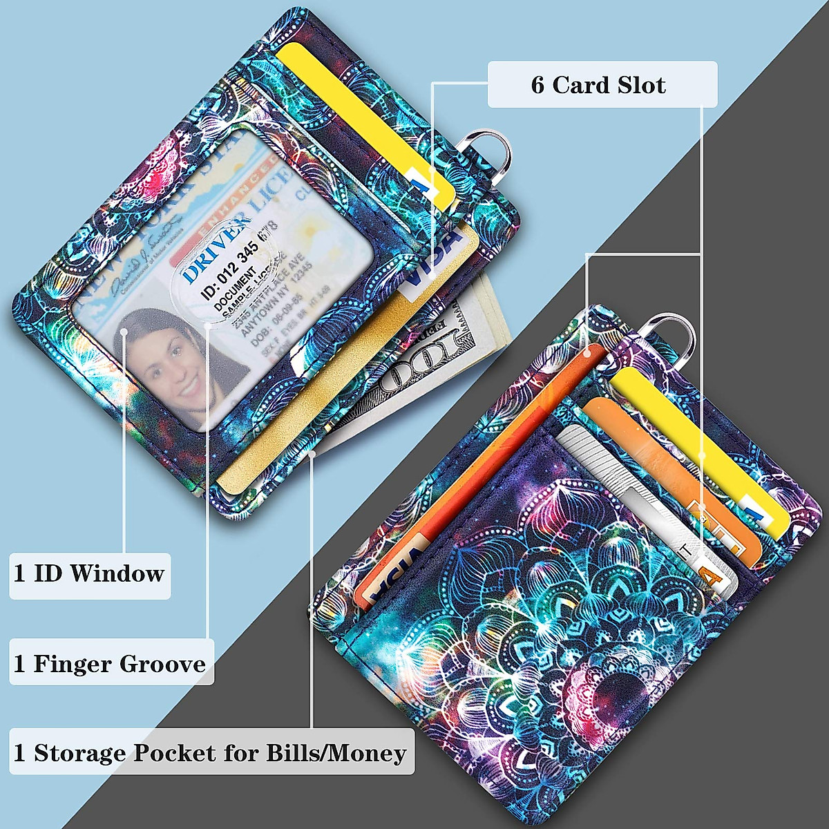 Coco Rossi Slim Front Pocket Wallet RFID Blocking Minimalist Credit Card Holder Wallet with D-Shackle for Women,Mandala