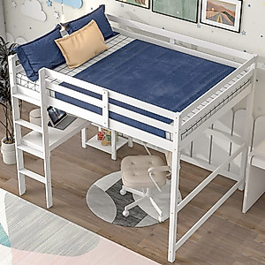 HZHOME Full Loft Bed with Desk and Shelves,White