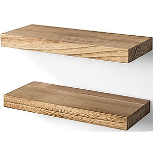 Wood Floating Shelves Wall Mounted 17 inch, 2 Tier Rustic Wooden Wall Shelves for Bathroom Living Room Bedroom Laundry Kitchen Storage Farmhouse Decor, Set of 2