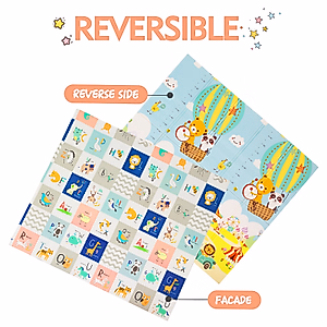 Baby Play Mat, 79 x 71 x 0.4 Inch Folding Baby Crawling Mat, Waterproof Reversible Playmat for Baby Infants Toddlers, Foam Play Mat for Indoor Outdoor Use (Animal Party)