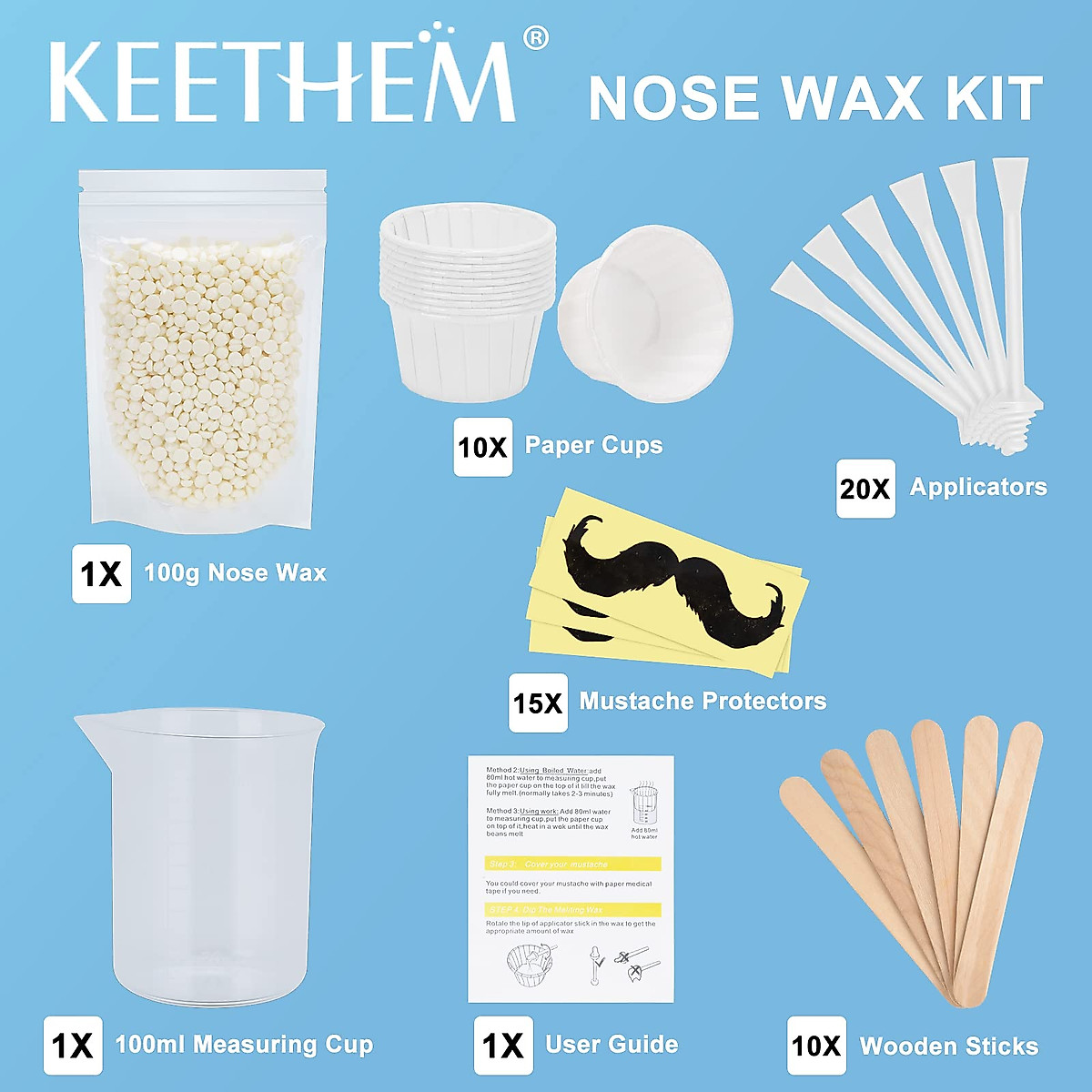 Nose Wax Kit for Men and Women - Instant Hair Removal, 100g Hard Wax, 20 Applicators, 10 Mustache Guards, and 10 Paper Cups - Painless, Safe, 20 times usage count - White Applicators