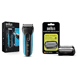 Braun Electric Series 3 Razor with Precision Trimmer, Rechargeable, Wet & Dry Foil Shaver for Men, Blue/Black, 4 Piece