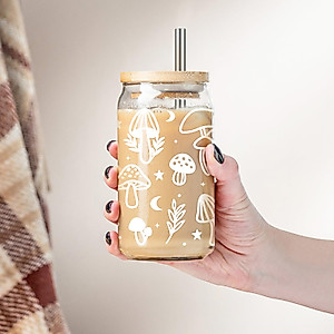 GSPY Mushroom Cup, Mushroom Gifts, 16oz Glass Coffee Cups with Lids and Straws - Cute Mushroom Stuff, Cute Mugs Aesthetic, Mushroom Mug Tumbler - Drinking Glasses, Mothers Day Gifts for Women