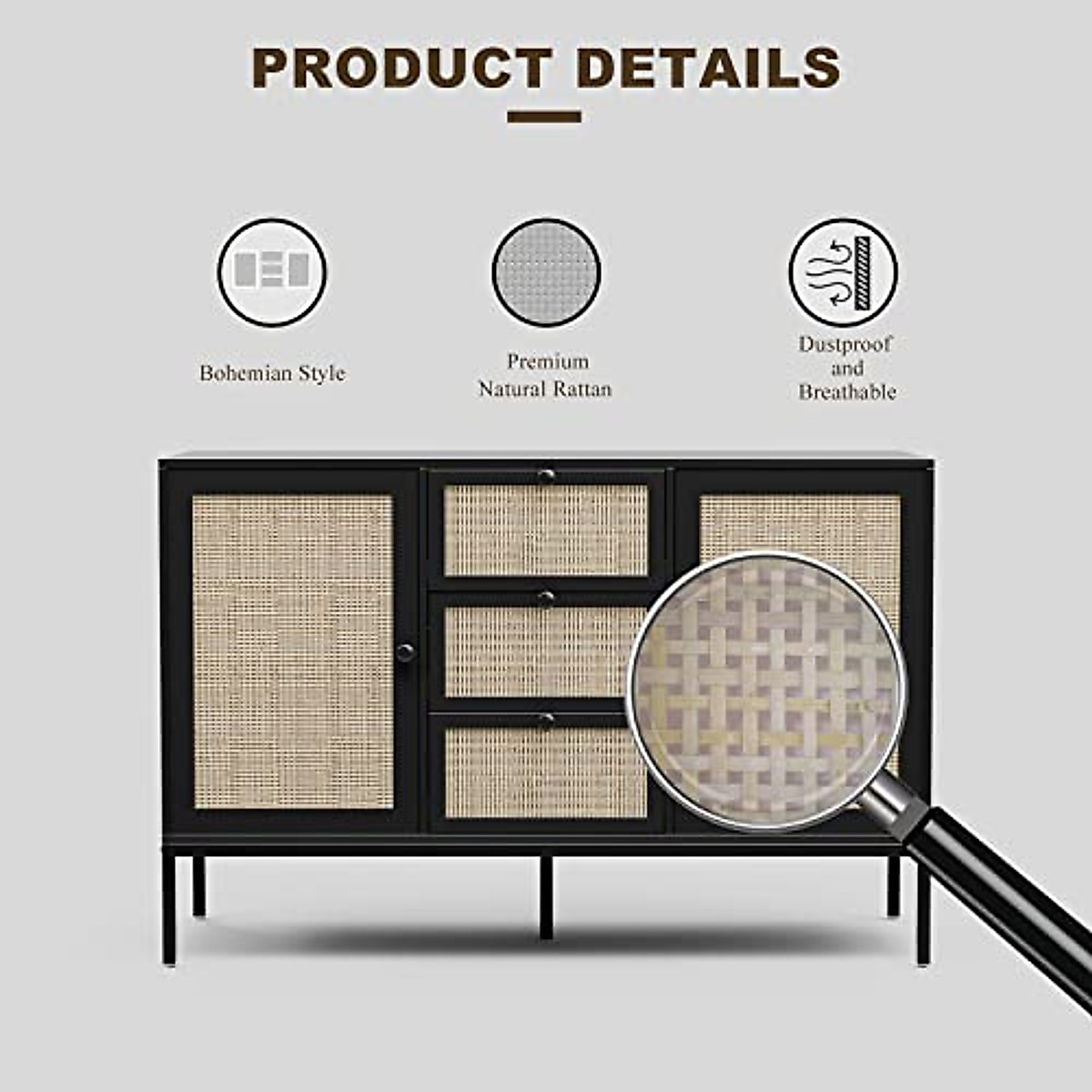 IKIFLY Rattan Sideboard Buffet Cabinet, Boho Rattan Storage Cabinet with 3 Drawers and 2 Doors, Accent Console Table Cabinet for Living Room, Kitchen, Dining Room, Entryway - Black