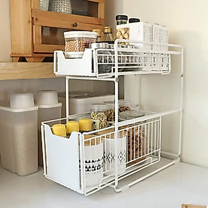 Warmiehomy Under Sink Organizers and Storage,2 Tier Sliding Metal Drawer Seasoning Shelf Storage,Pull Out Cabinets Organizer Shelf for Kitchen/Pantry/Bathroom/Office (White) (37.4×26.5×44cm