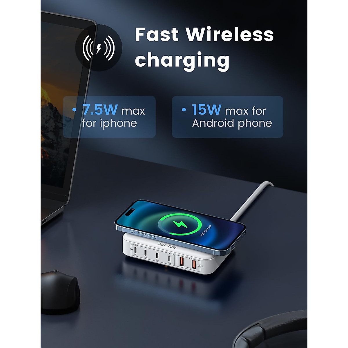 100W USB Charging Station with 15W Wireless Charger, Marnana 6-in-1 Multiple USB Ports(2 USB A and 4 USB C Ports) GaN Desktop Charger for iPhone iPad MacBook Laptop Samsung and Android Devices