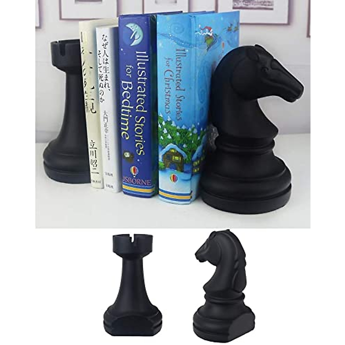 Decorative Chess Bookends for Shelves, Book Ends Decorative for Office Heavy Books, 7x7x4 inches, Black,1Pair/2Piece (Chess)
