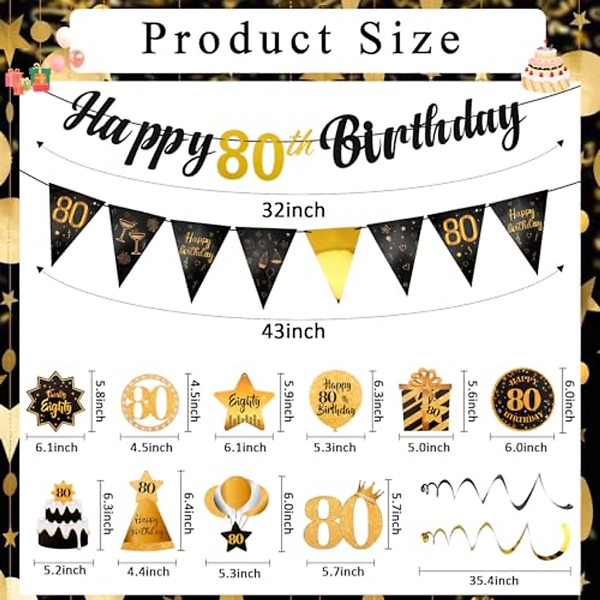 Hapdoo 80th Birthday Decorations Set - 80th Birthday Decorations Men Happy 80th Birthday Banner Triangle Flag Hanging Swirls Streamers for Women Men Birthday Party Decorations Supplies, Black and Gold