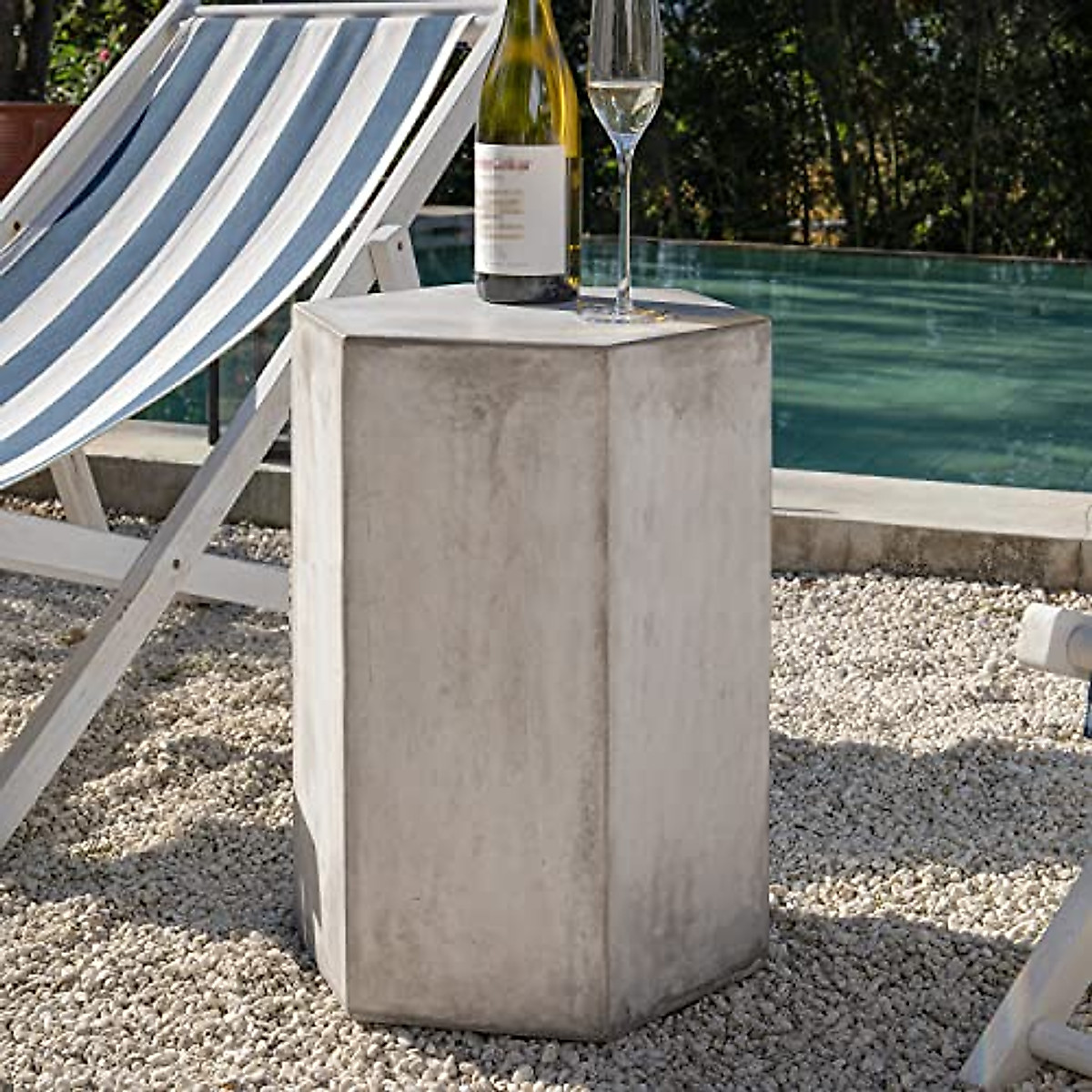 COSIEST Concrete Accent Table, Hexagon Patio Side Table 14.5''Wx20''H, Modular Design Indoor Outdoor End Table, Distressed Grey White Patina
