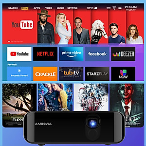 AMOOWA Mini Projector with WIFI and Bluetooth for iphone , Portable Small Projector 7000 mAh Battery Powered ,Wireless DLP 200 ANSI Lumens for Outdoor travel , Camping Office, Android TV 2G +16G BALCK