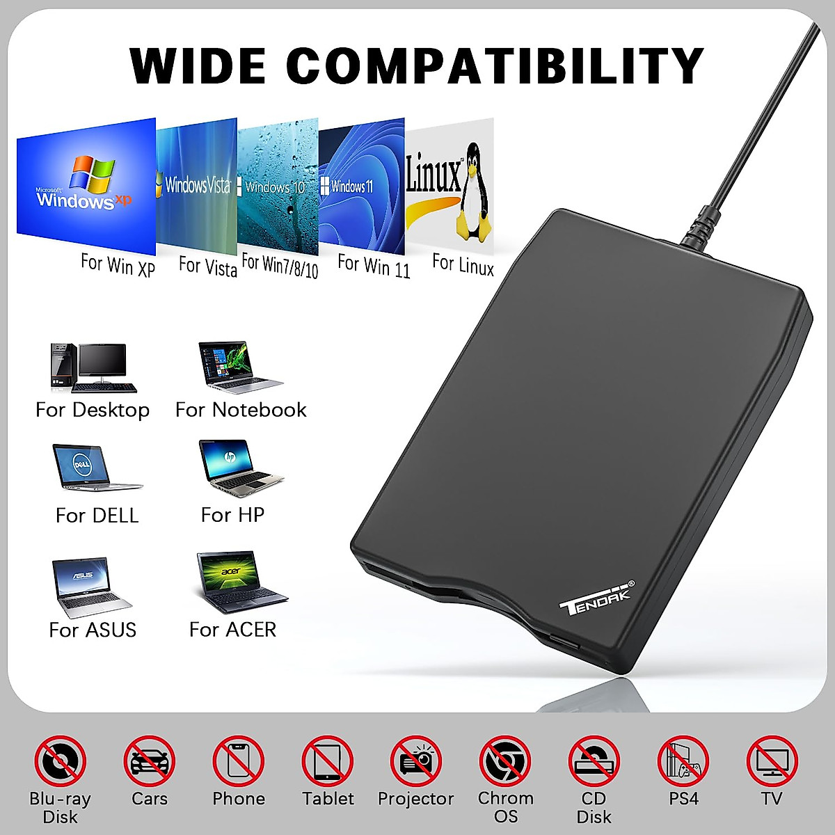 Tendak USB Floppy Disk Drive, Floppy Disk Reader 3.5 inch Portable USB External 1.44MB FDD Diskette Drive for Windows 11/10/8/7/2000/XP/Vista PC Laptop, Plug and Play (Black)