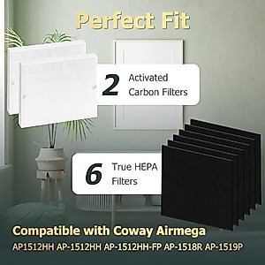 Improvedhand AP-1512HH Replacement Filter for Coway Airmega 200m series AP-1512HH AP-1518R AP-1519P, 2 Pack H13 True High Efficiency Filter & 6 Pack Activated Carbon Pre-Filter, Replace Part # 3304899